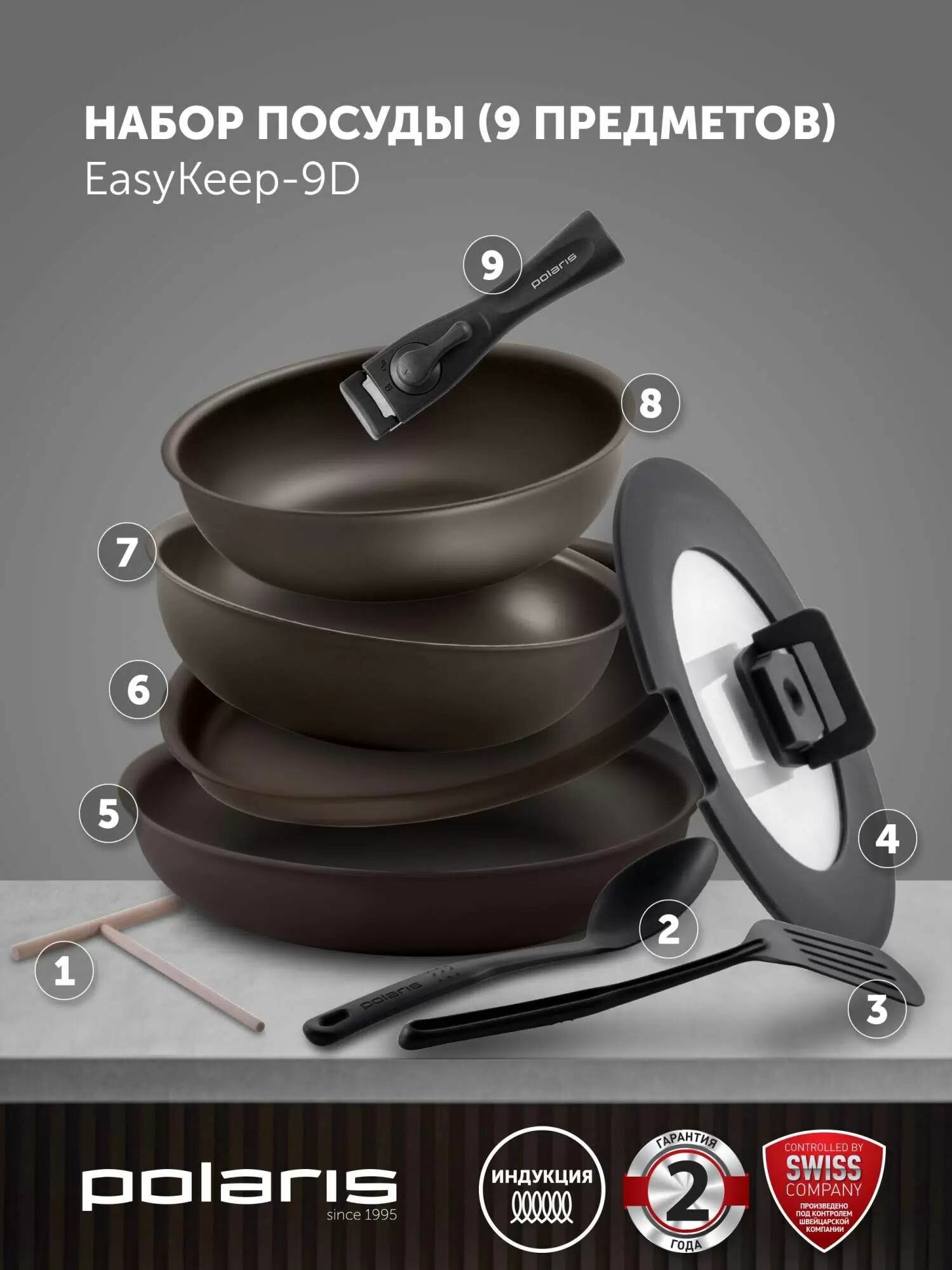 Набор кастрюль и сковородок Polaris EasyKeep-9D cо съемной ручкой / Набор посуды - 9 предметов для всех типов плит