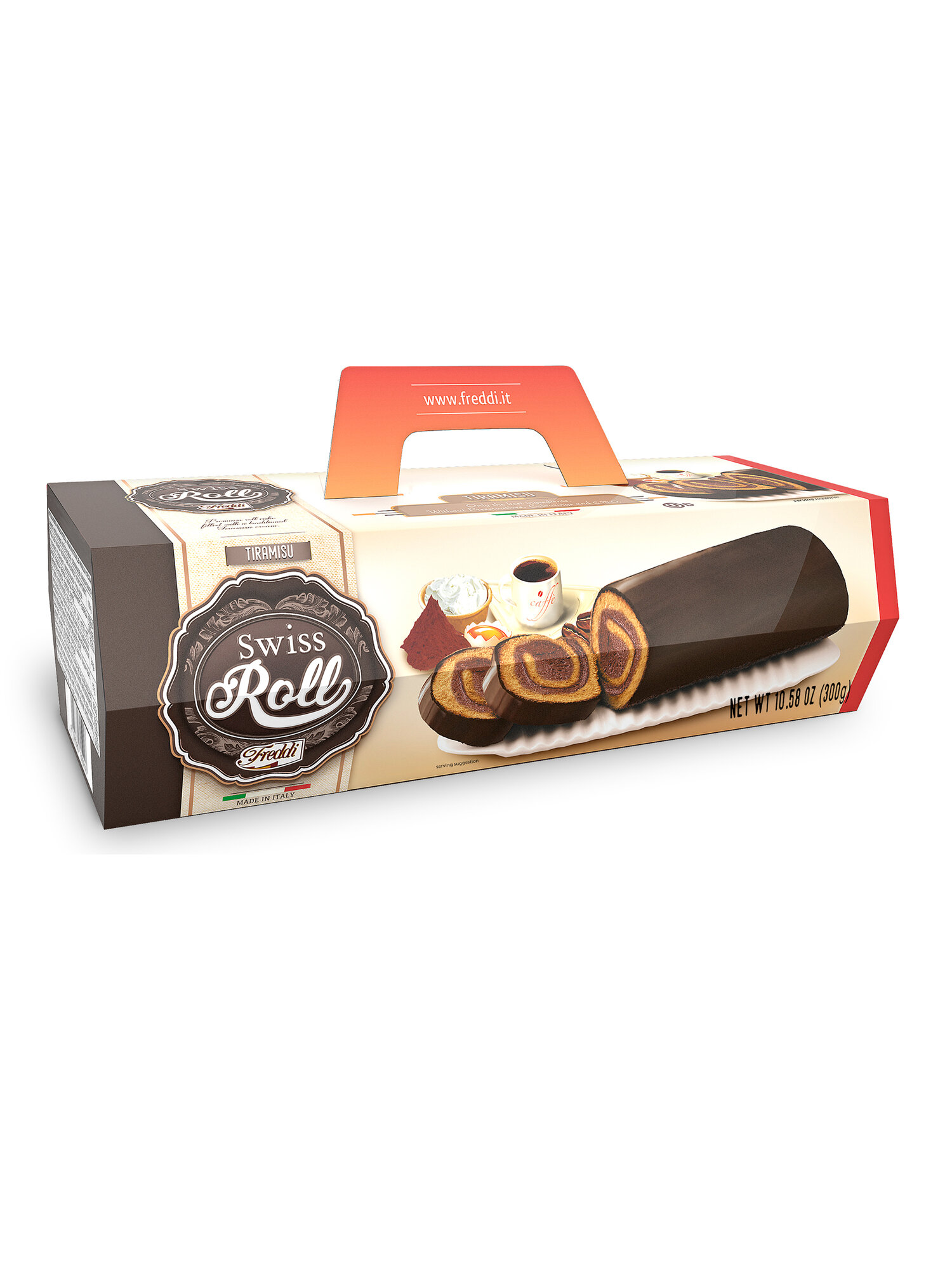 Рулет бисквитный FREDDI Swiss Roll TIRAMISU с кремом со вкусом тирамису, покрытый шоколадной глазурью, 300г