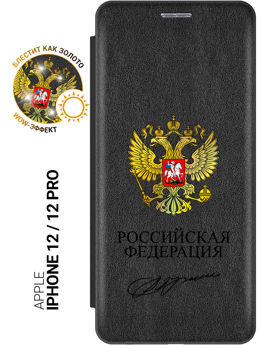 Чехол-книжка на Apple iPhone 12 / 12 Pro с принтом "Россия" черный