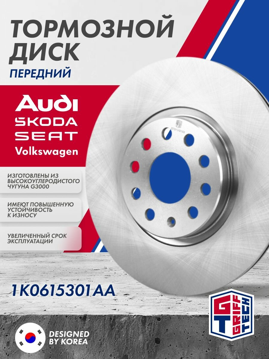 Тормозной диск передний GRIFF TECH VOLKSWAGEN Golf , Passat , Tiguan , SKODA Kodiaq , Karoq , Octavia ; 1K0615301AA