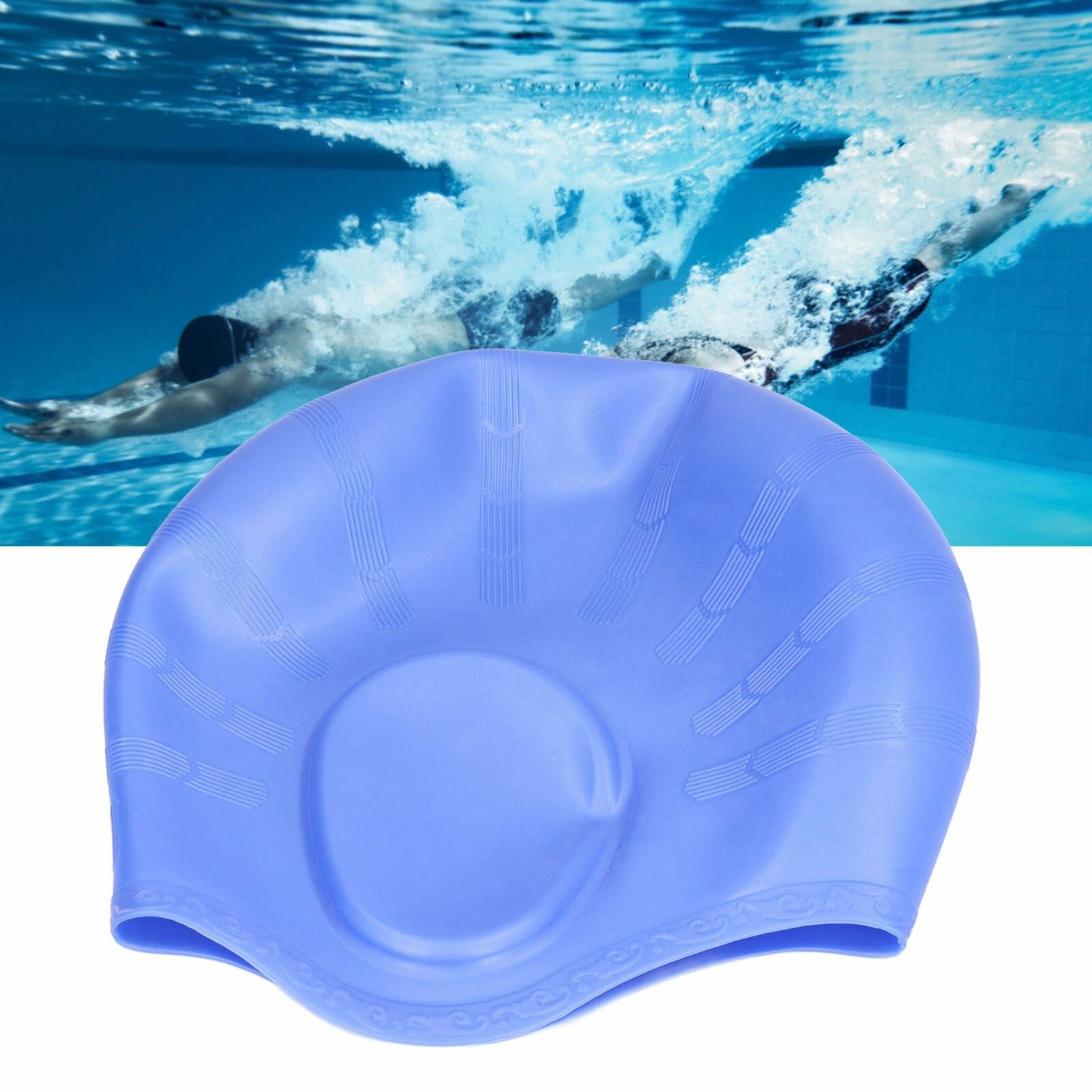 Шапочка для плавания, синяя конструкция для защиты ушей, удобная водонепроницаемая эластичная силиконовая шапочка для плавания для дайвинга