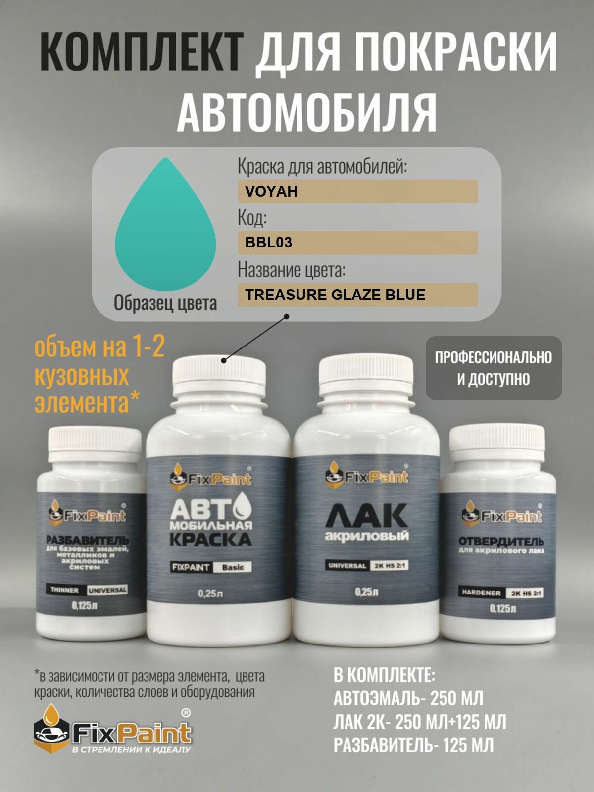 Комплект для покраски VOYAH, код BBL03, TREASURE GLAZE BLUE, базовая автомобильная краска 250 мл, лак 2K 250 мл с отвердителем, разбавитель 125 мл, FixPaint Pro