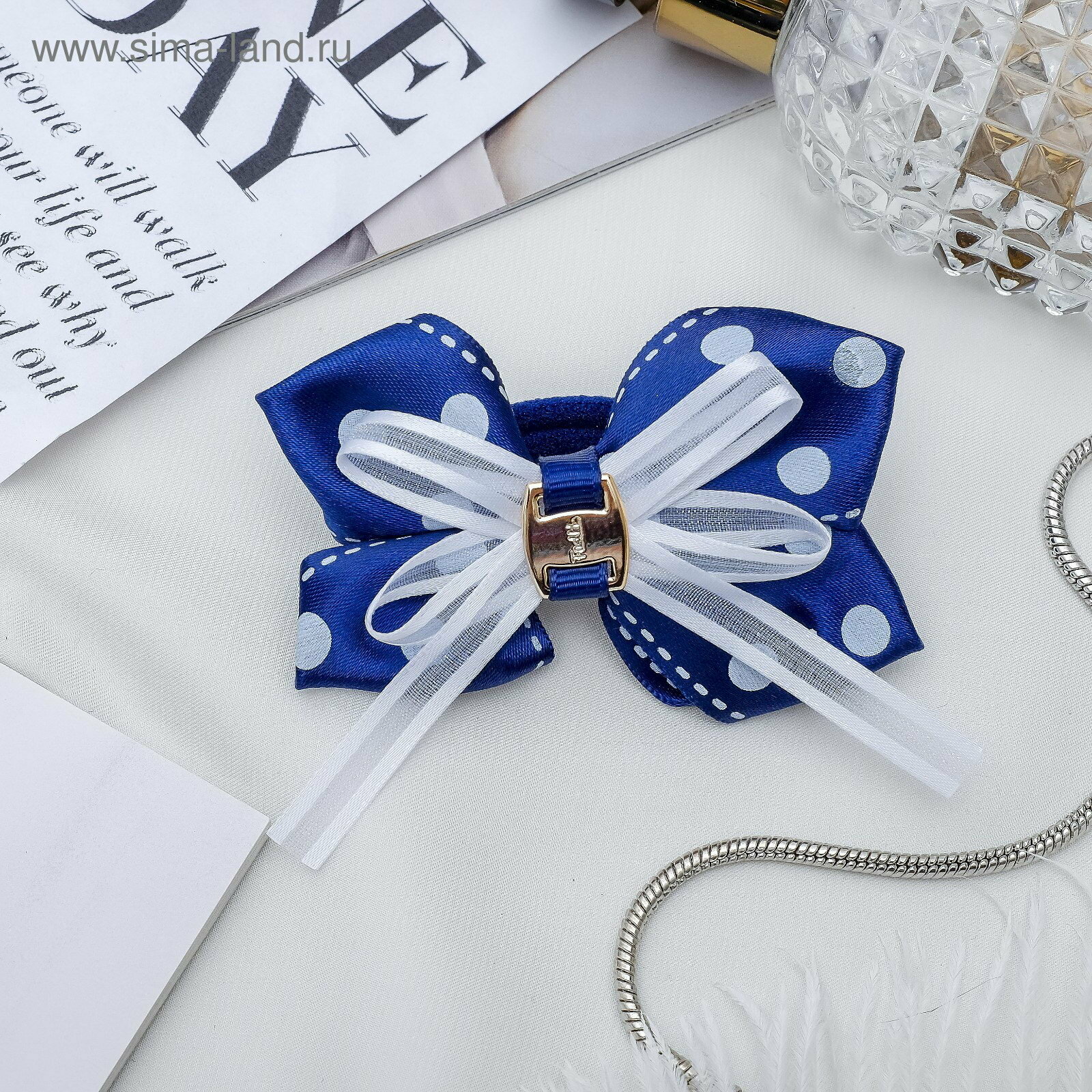 Бант для волос на резинке "Школьница", горох, 7 см, бело-синий, 6 шт.