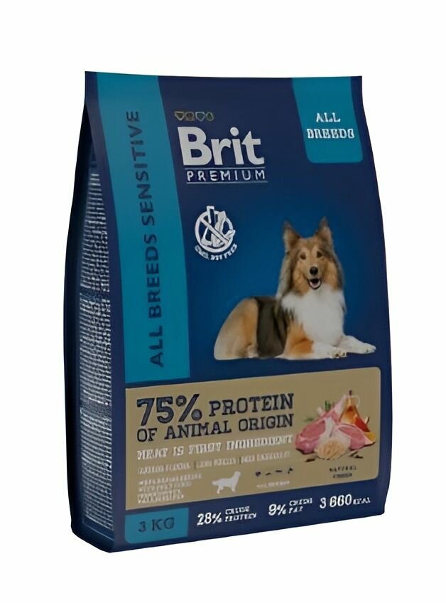Корм сухой для собак Brit PREMIUM Dog Adult Medium, для собак всех пород с ягненком и рисом, 3кг