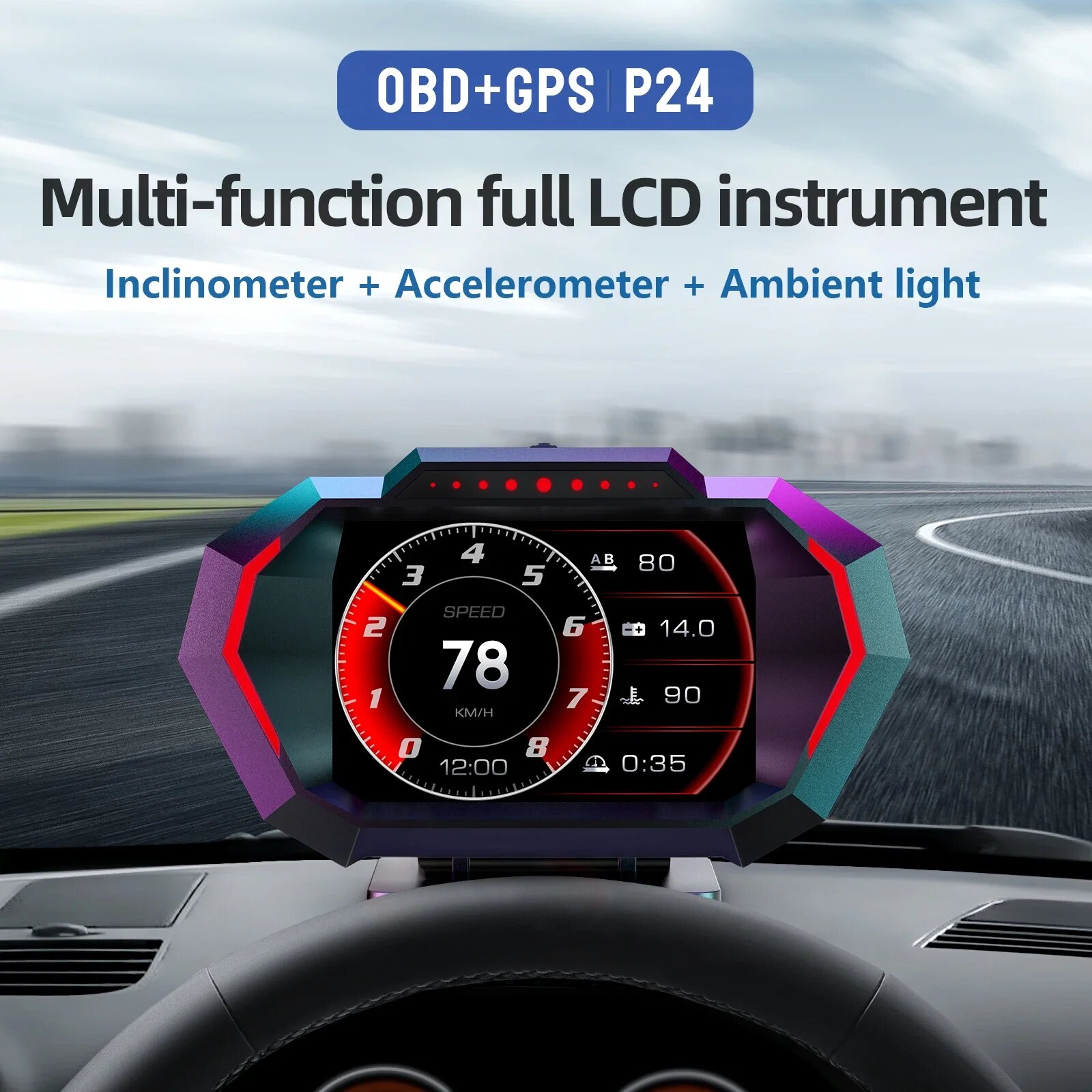 Новый многофункциональный полный ЖК-дисплей, двойная система OBD + GPS, автомобильный OBD2, GPS HUD, умный цифровой спидометр с тестером, сигнализация, P24