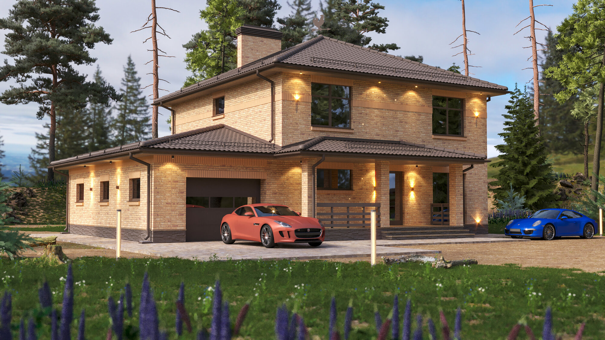 Проект двухэтажного дома 10 на 10 метров с гаражом и 5 спальнями из газосиликатного блока и кирпича