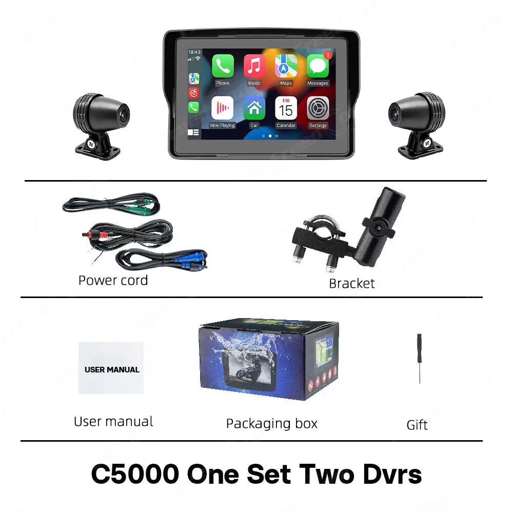 Freedconn мотоцикл Carplay навигация авто видеорегистратор Bluetooth автомобильное воспроизведение 5-дюймовый дисплей беспроводной Android монитор водонепроницаемый, Черный