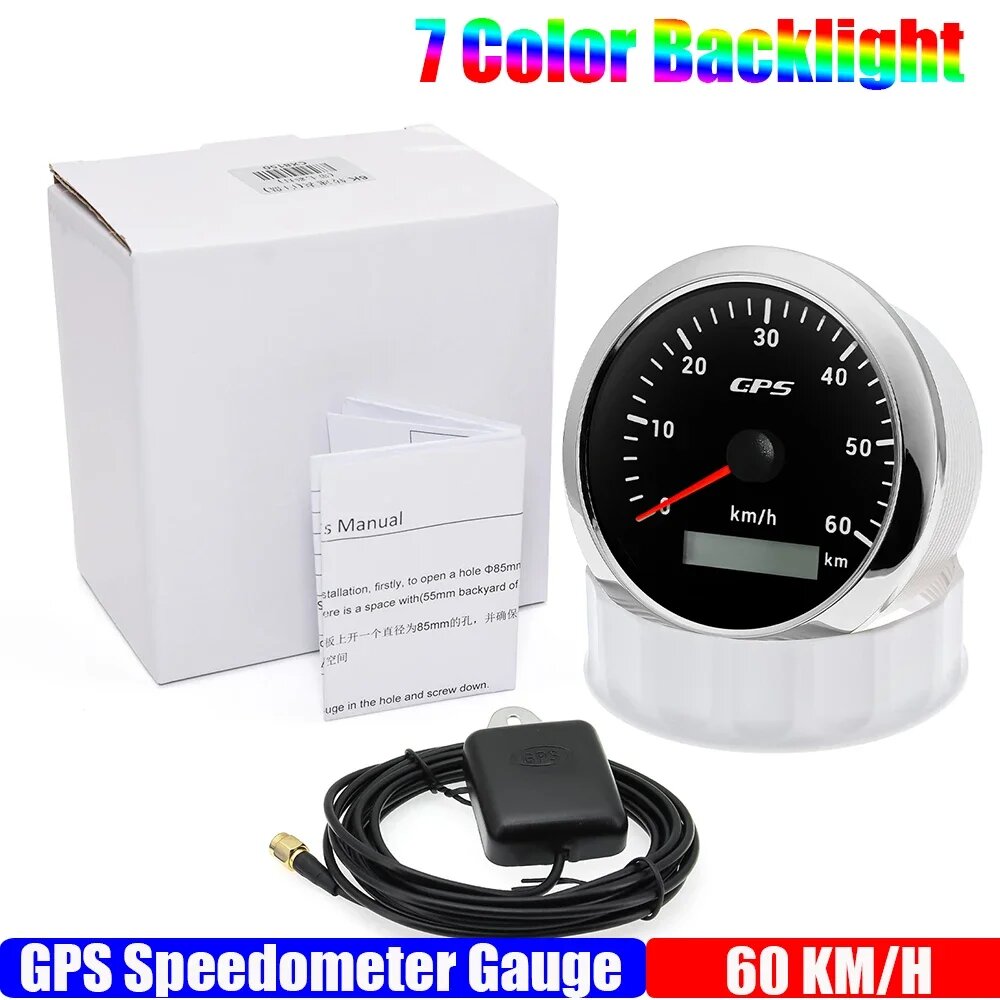 7-цветный светильник 60/120 км/ч 85 мм GPS-спидометр для лодки, автомобиля, грузовика, измеритель скорости с GPS-антенной, водонепроницаемый, 9-32 В, на заказ, 60KMH BS