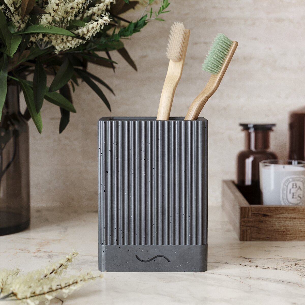 Стакан для зубных щёток, стакан для ванной Musko, 6x8x11 см, бетон, графитовый глянцевый