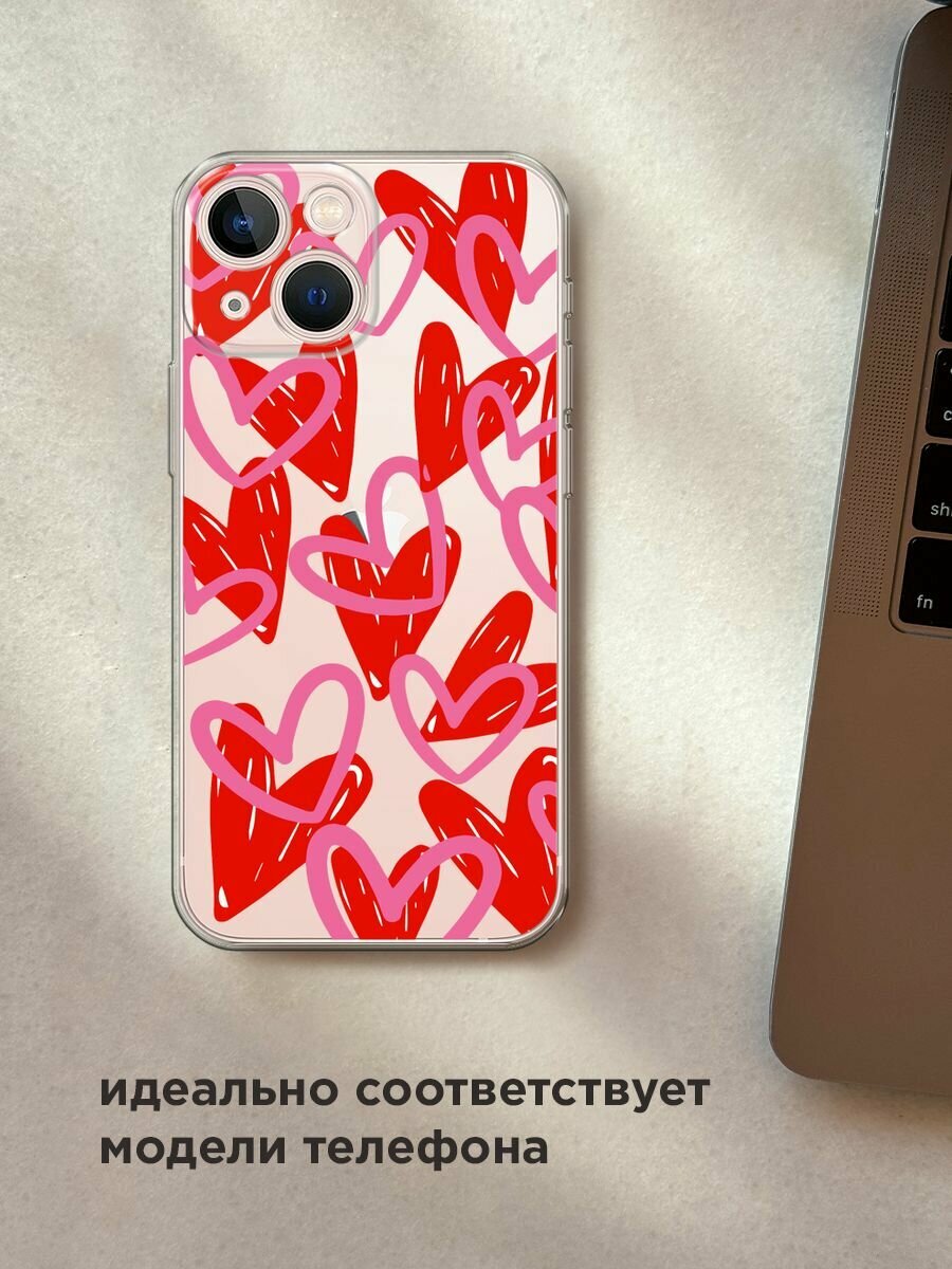 Чехол на Apple iPhone 13 mini / Айфон 13 мини с принтом "Hearts doodles - 14 февраля", прозрачный — фото 1