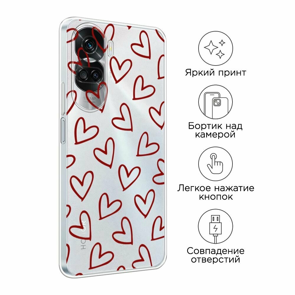 Чехол на Honor 90 Lite / Хонор 90 Лайт с принтом "Little hearts doodles 2 - 14 февраля", прозрачный — фото 1