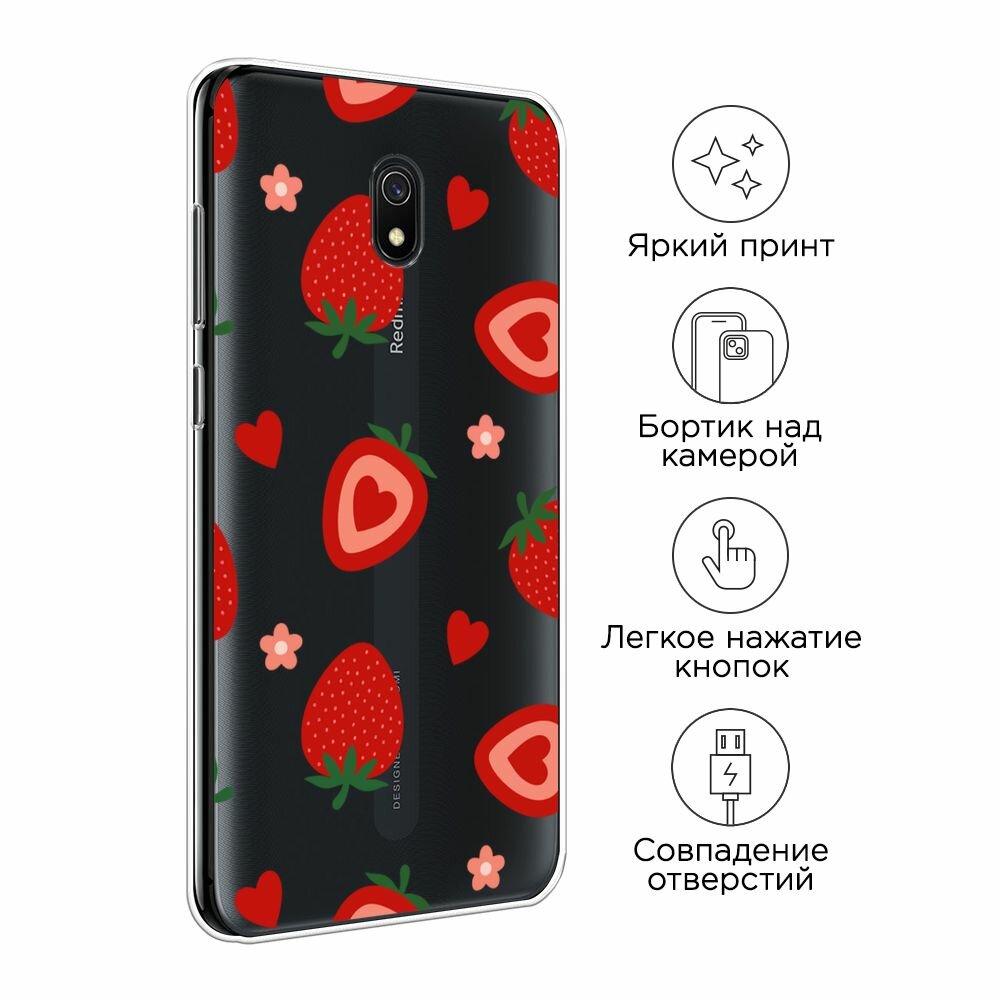 Чехол на Xiaomi Redmi 8A / Сяоми Редми 8А с принтом "Heart strawberries 2 - 14 февраля", прозрачный — фото 1