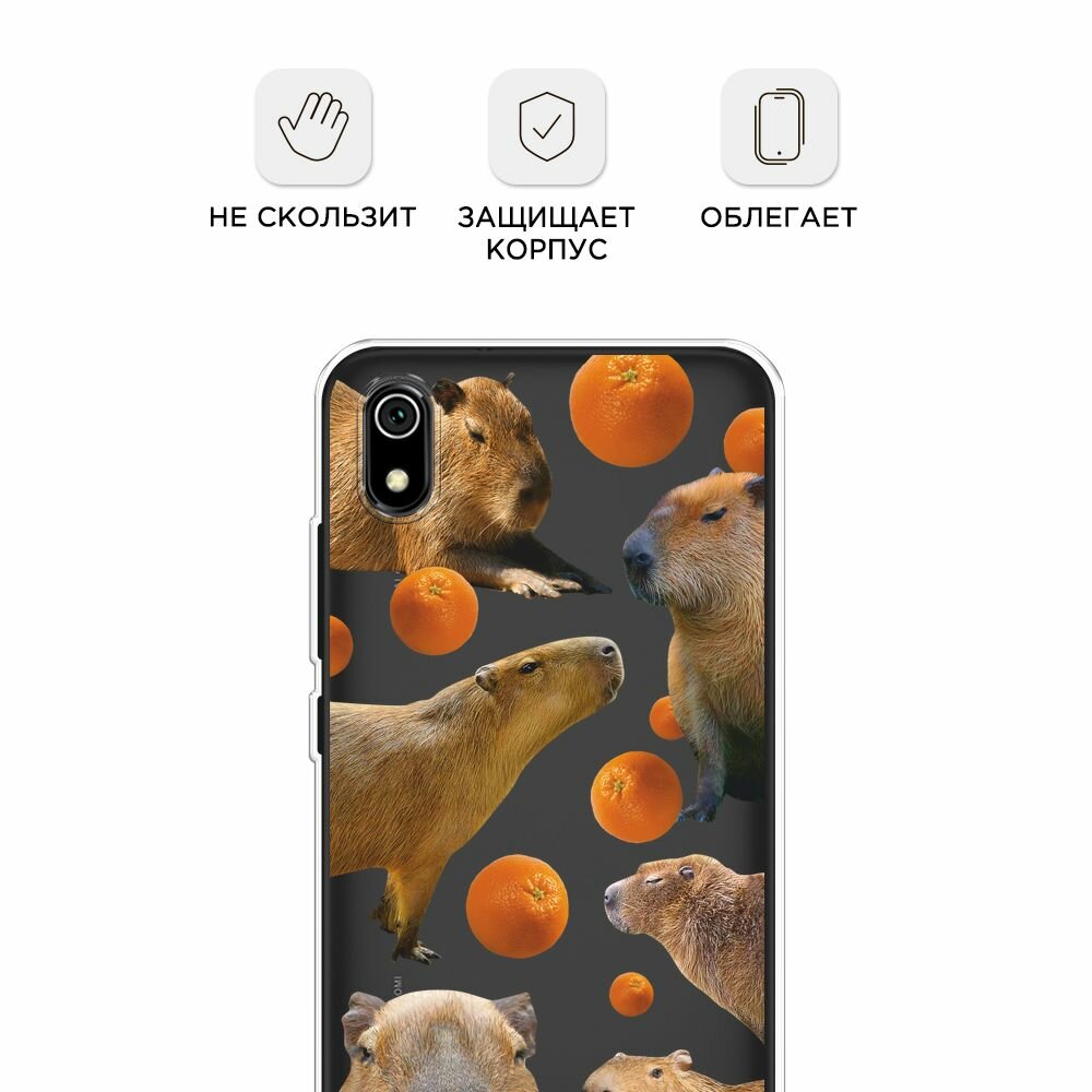 Чехол на Xiaomi Redmi 7A / Сяоми Редми 7А с принтом "Капибара и апельсины", прозрачный — фото 1