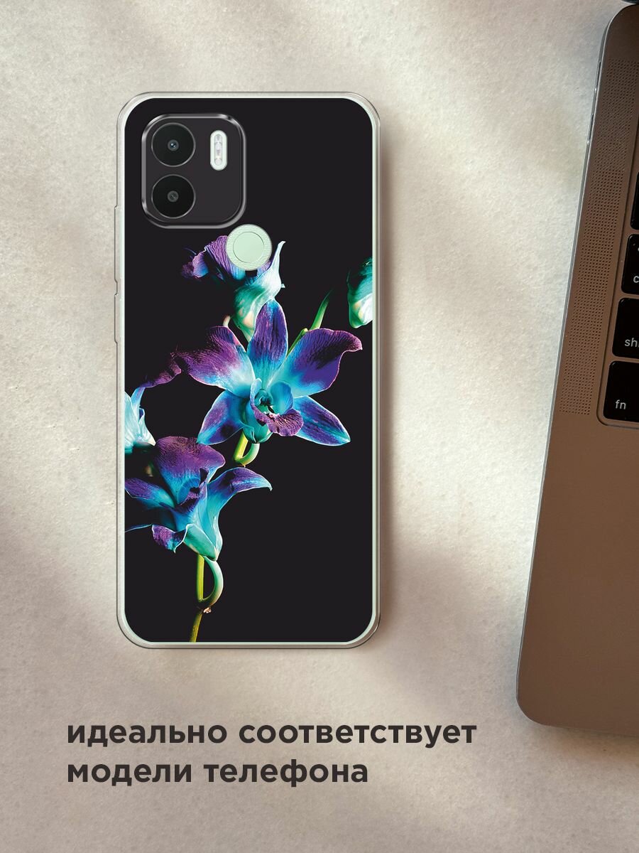 Чехол на Xiaomi Redmi A1+/Redmi A2+/Poco C51/C50 / Редми A1+ с принтом "Синий цветок на черном" — фото 1