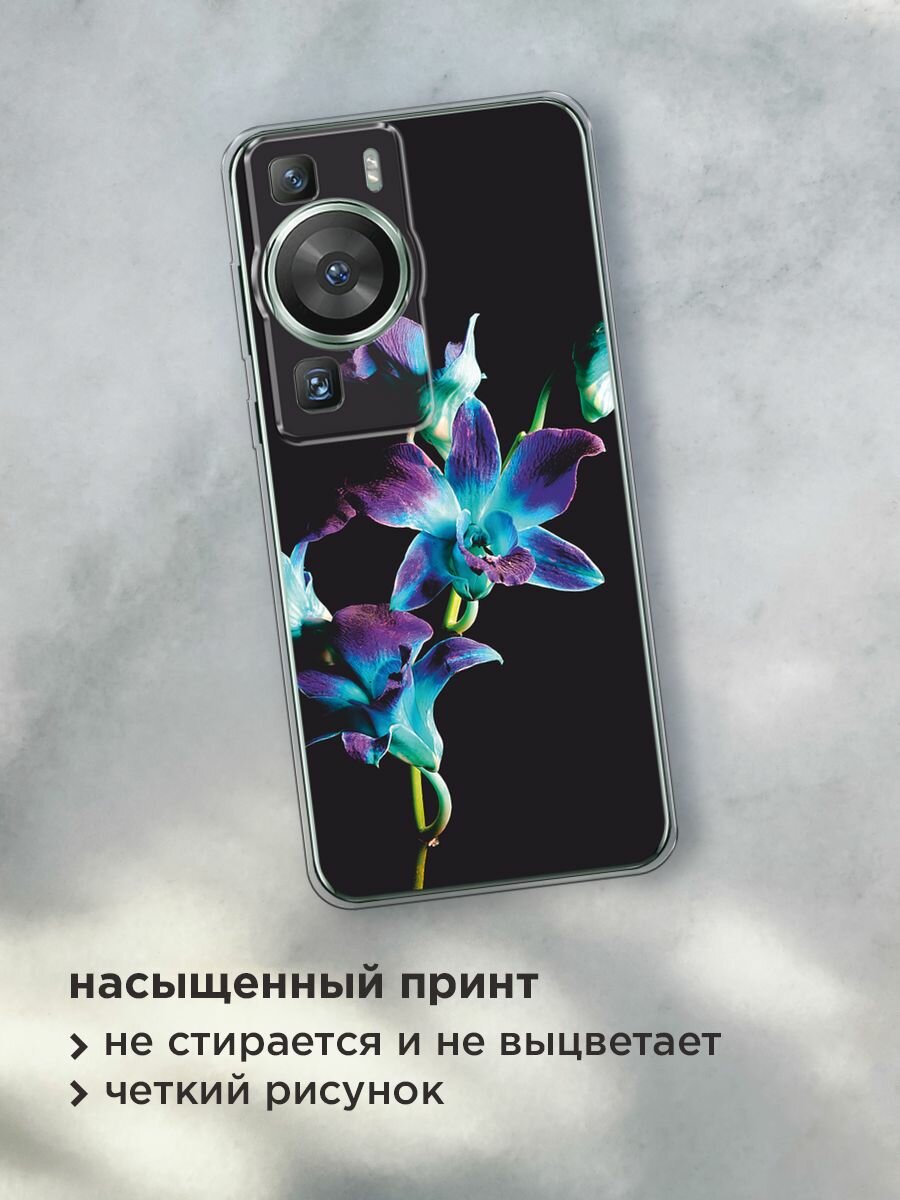 Чехол на Huawei P60/P60 Pro / Хуавей P60/P60 Про с принтом "Синий цветок на черном" — фото 1