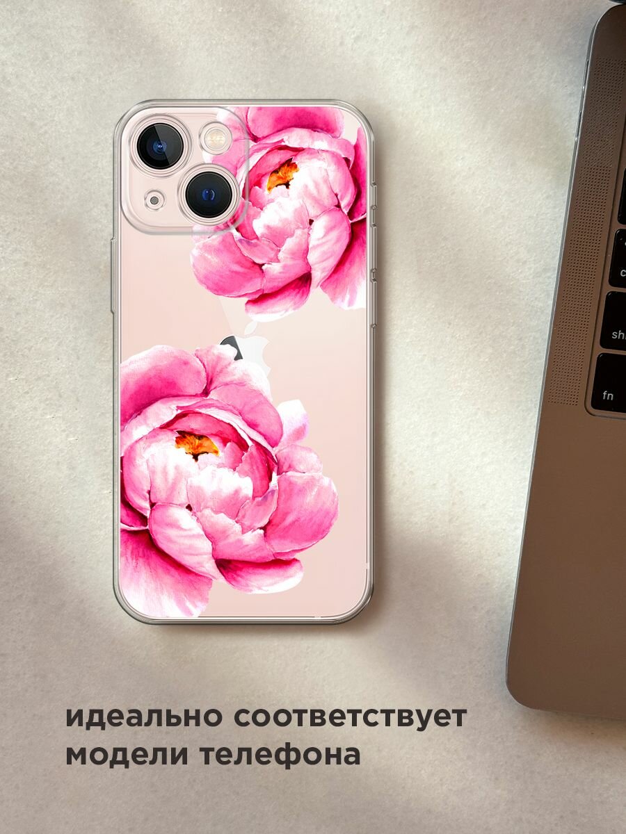 Чехол на Apple iPhone 13 mini / Айфон 13 мини с принтом "Open peonies", прозрачный — фото 1