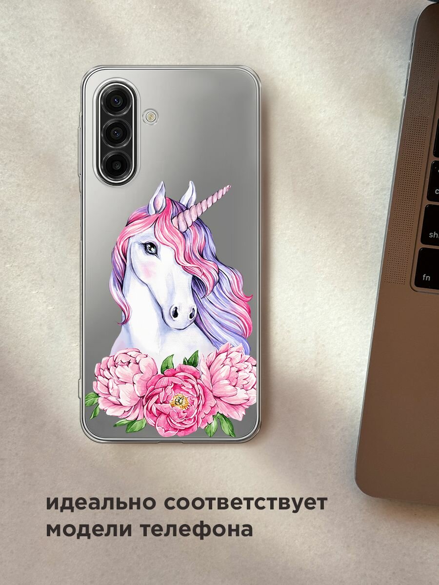 Чехол на Samsung Galaxy A17 / Самсунг А17 с принтом "Единорог с пионами", прозрачный — фото 1