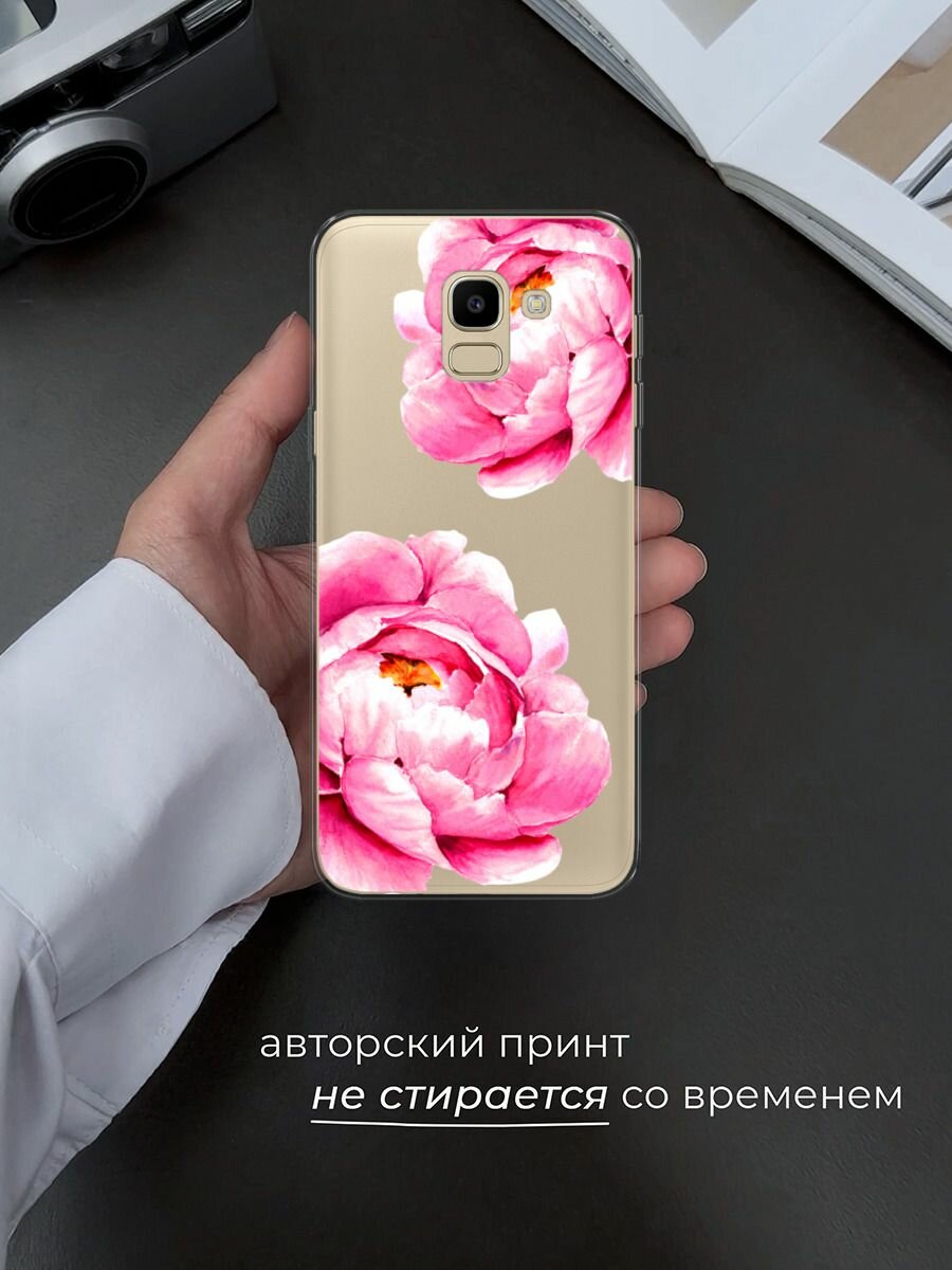 Чехол на Samsung Galaxy J6 2018 / Самсунг Галакси Джей 6 2018 с принтом "Open peonies", прозрачный — фото 1