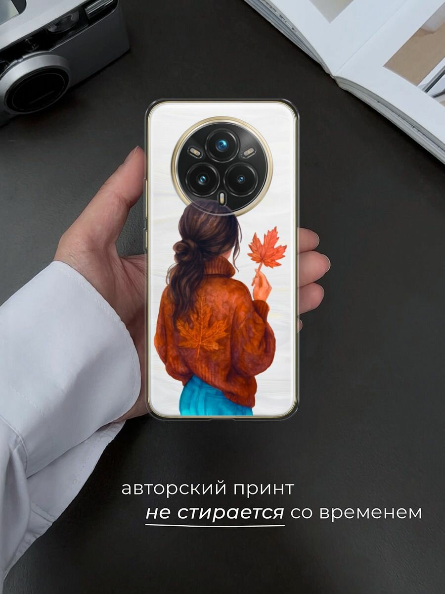 Чехол на Realme 14 Pro+ / Реалми 14 Про+ с принтом "Девушка с опавшим листом", прозрачный — фото 1