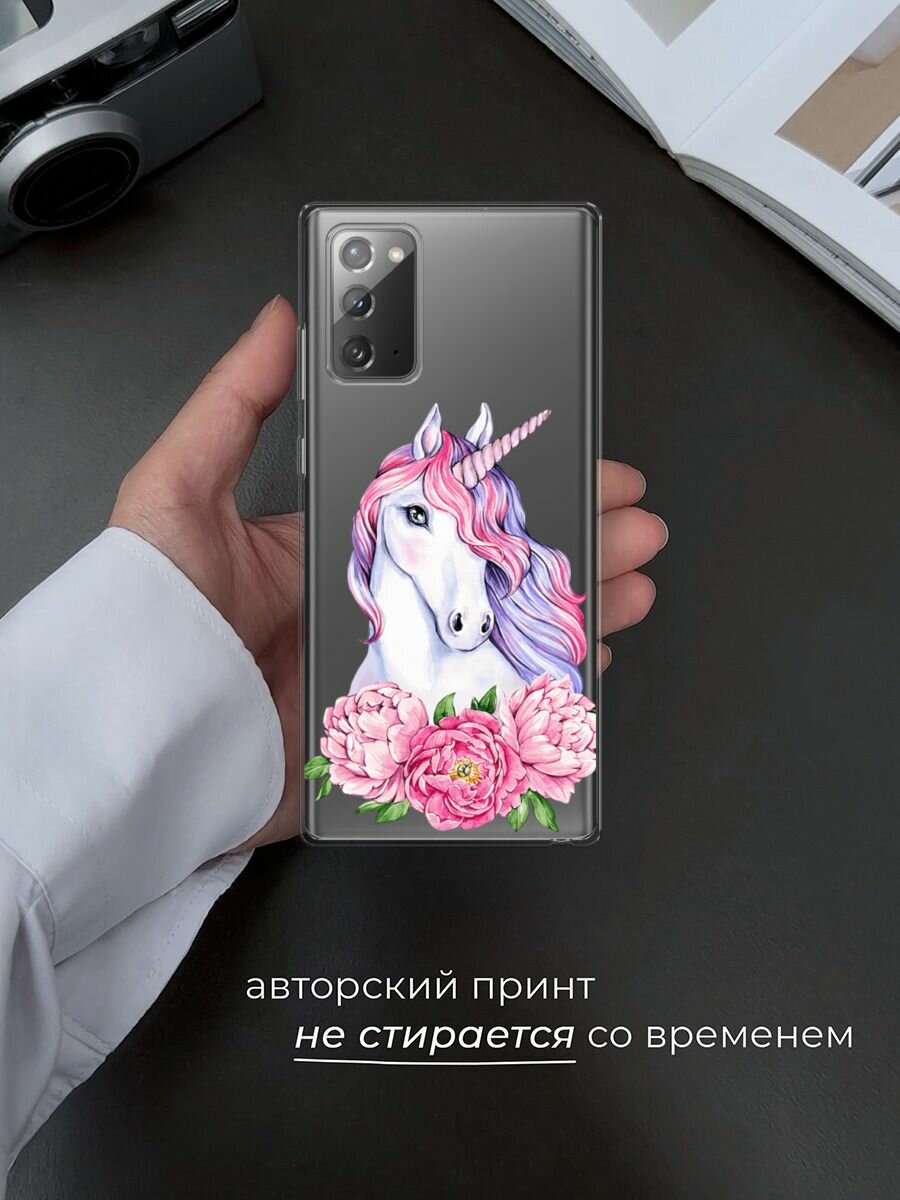 Чехол на Samsung Galaxy Note 20 / Самсунг Галакси Ноут 20 с принтом "Единорог с пионами", прозрачный — фото 1