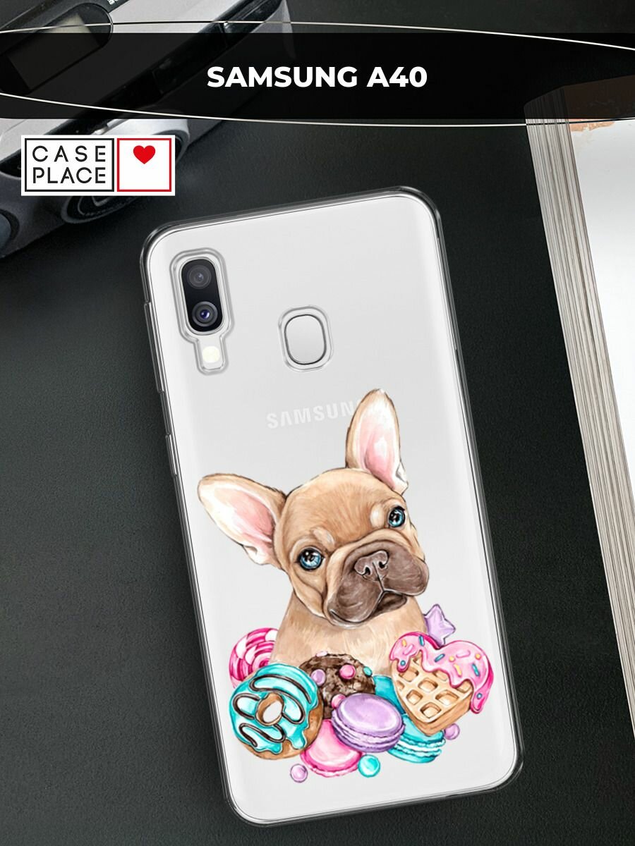 Чехол на Samsung Galaxy A40 / Самсунг Галакси А40 с принтом "Бульдог и сладости", прозрачный