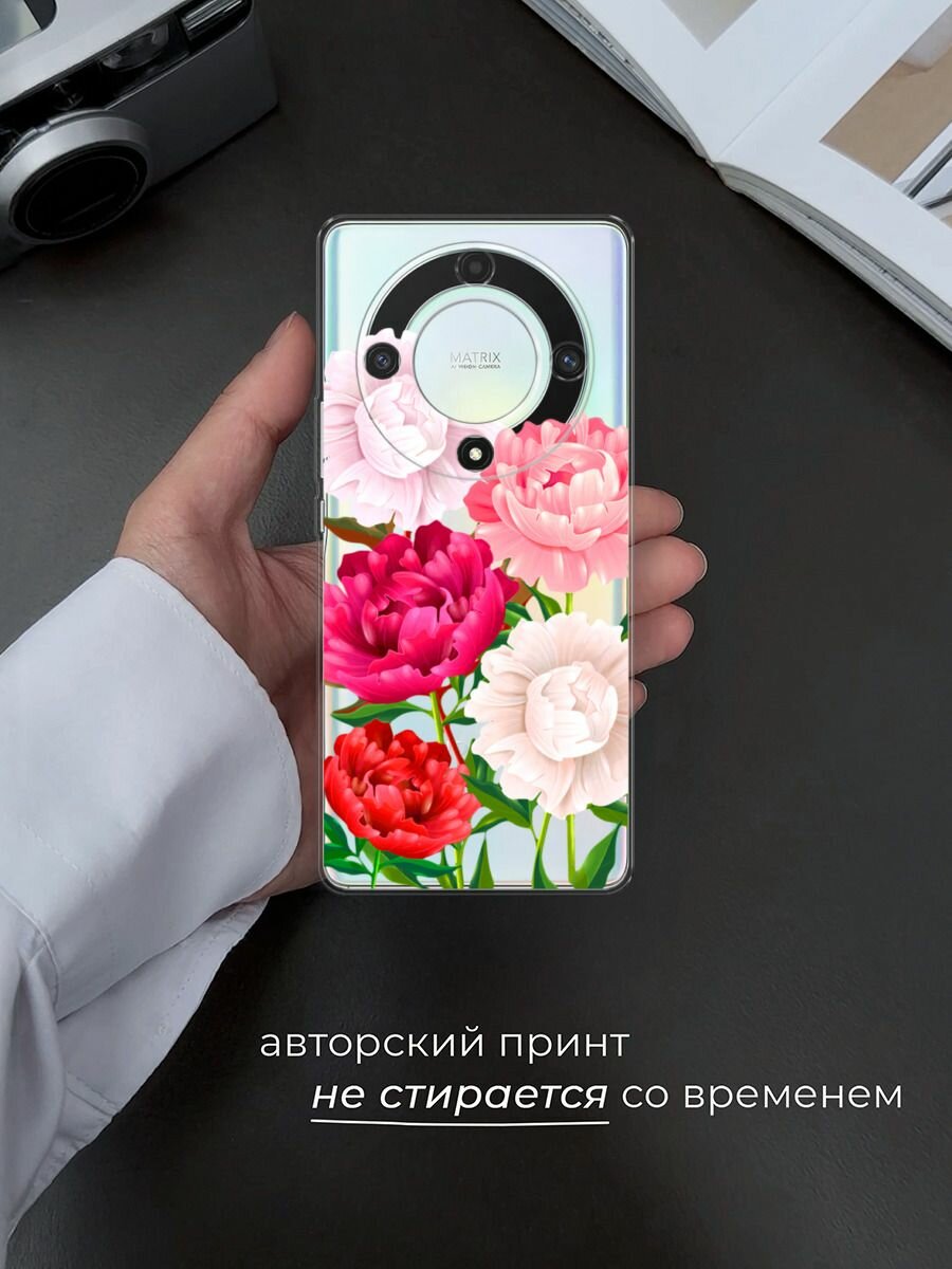 Чехол на Honor X9A / Хонор X9A с принтом "Большие пионы", прозрачный — фото 1