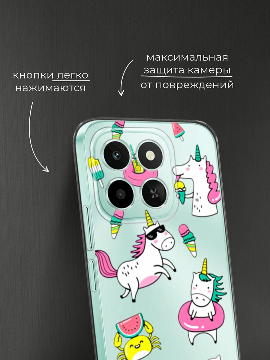 Чехол на Honor X6c / Хонор X6c с принтом "Единороги в отпуске", прозрачный — фото 1