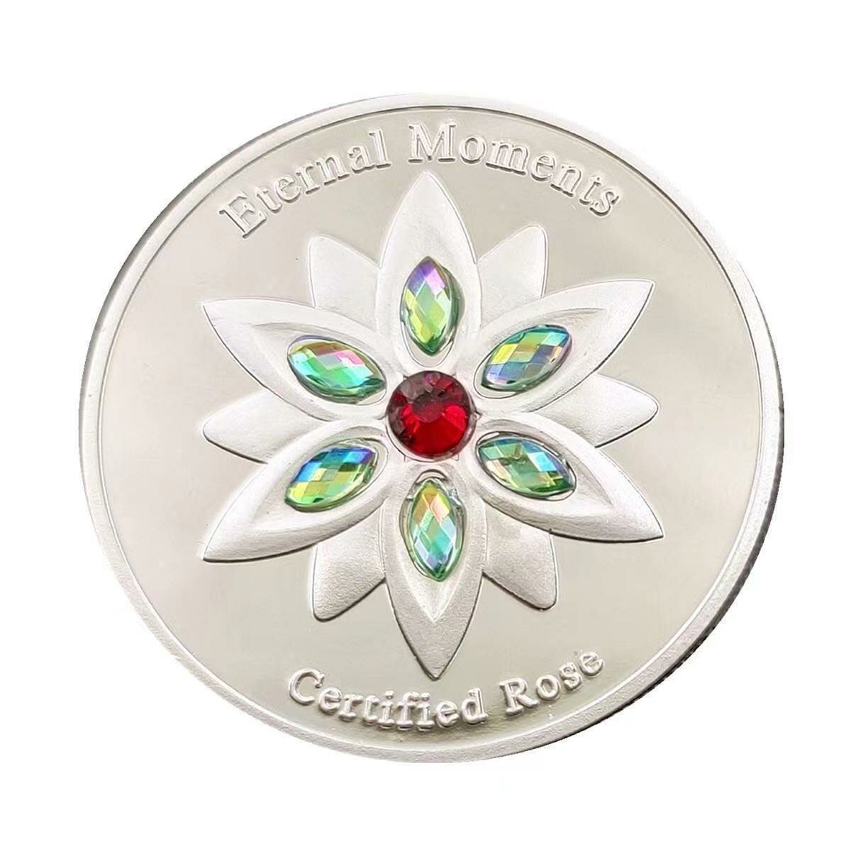 Памятная монета «Роза вечных мгновений», роза в форме сердца с разноцветными бриллиантами, любовь и удача, железо, 35 г, 4 x 0,3 см