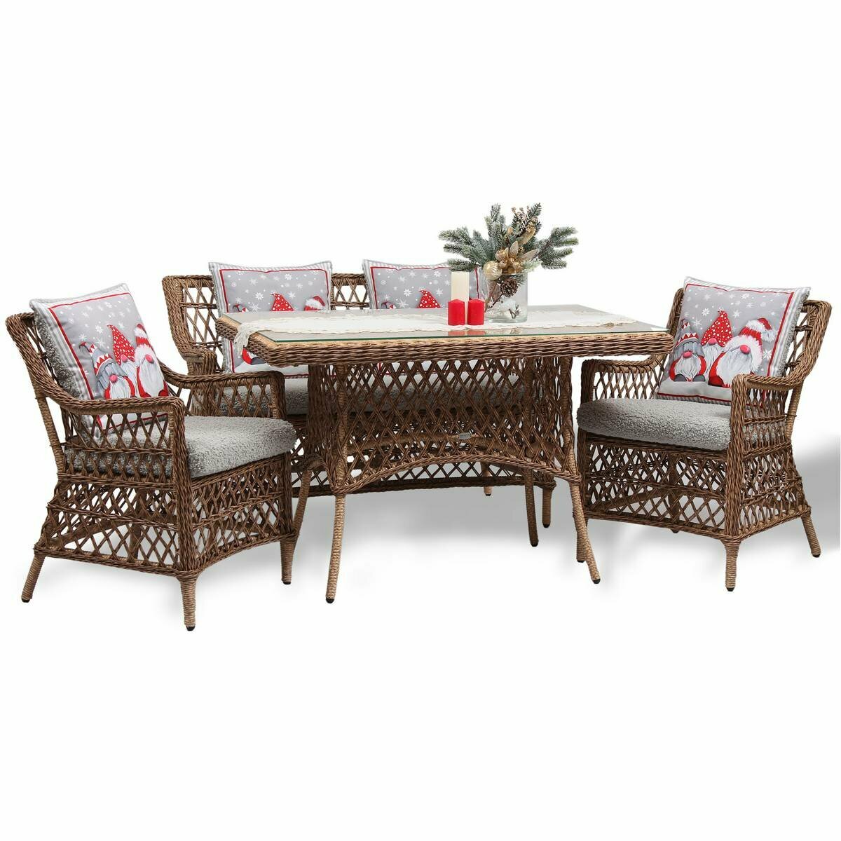 Обеденная группа Malacca Гайс в цвете балийское дерево, искусственный ротанг, для улицы, с новогодним текстилем