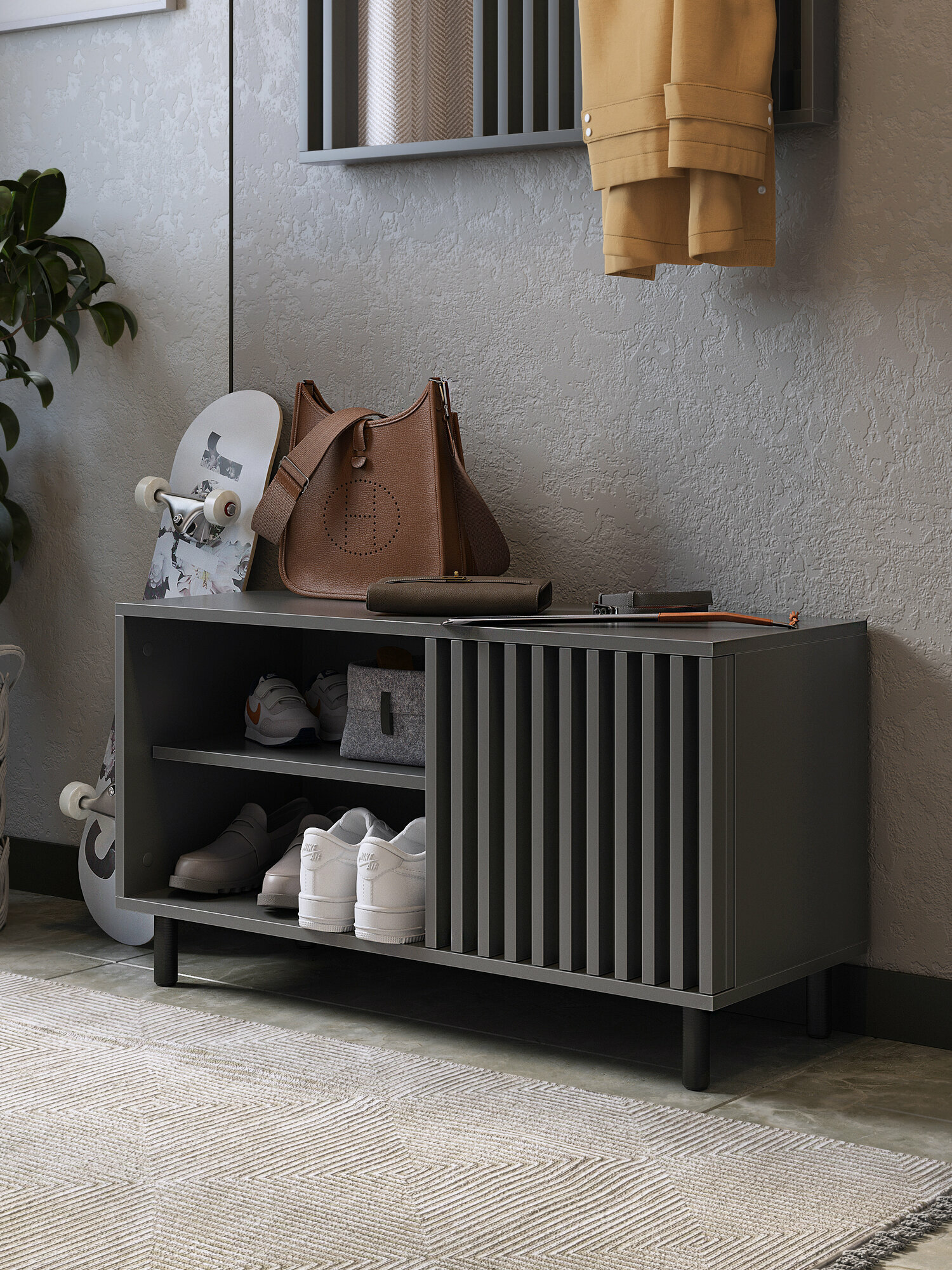 Обувница с рейками Мебельно "Топ Макси 3", ЛДСП, 4 отделения, графит