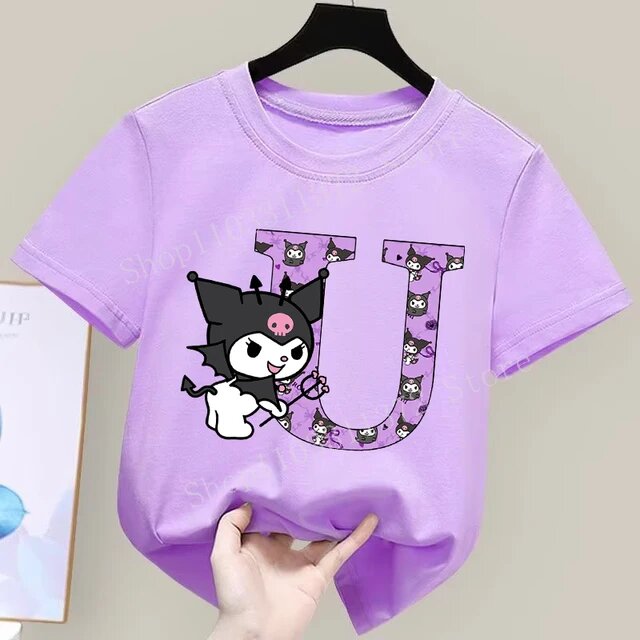 Детская футболка Sanrio Kuromi с милым мультяшным принтом в виде букв AZ и аниме, модная одежда для девочек, топы из хлопка с короткими рукавами для малышей, Размер:150