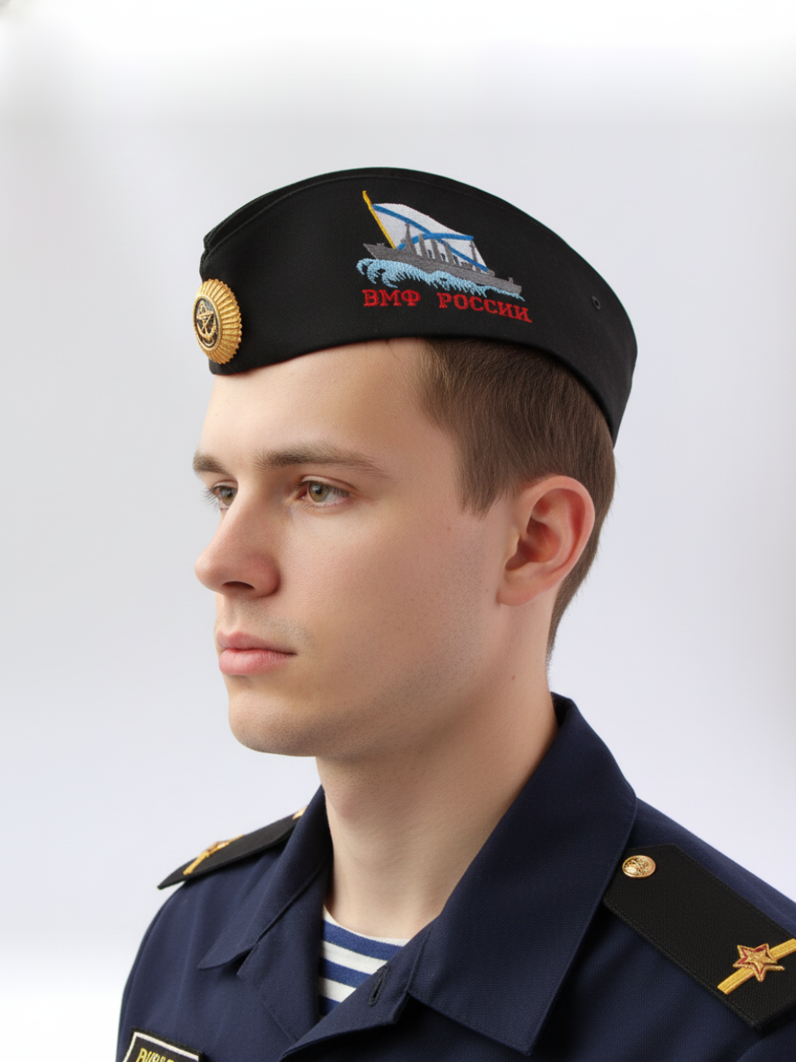 Пилотка ВМФ взрослая с вышивкой корабля и Андреевского флага. Размер 57-58. Felante
