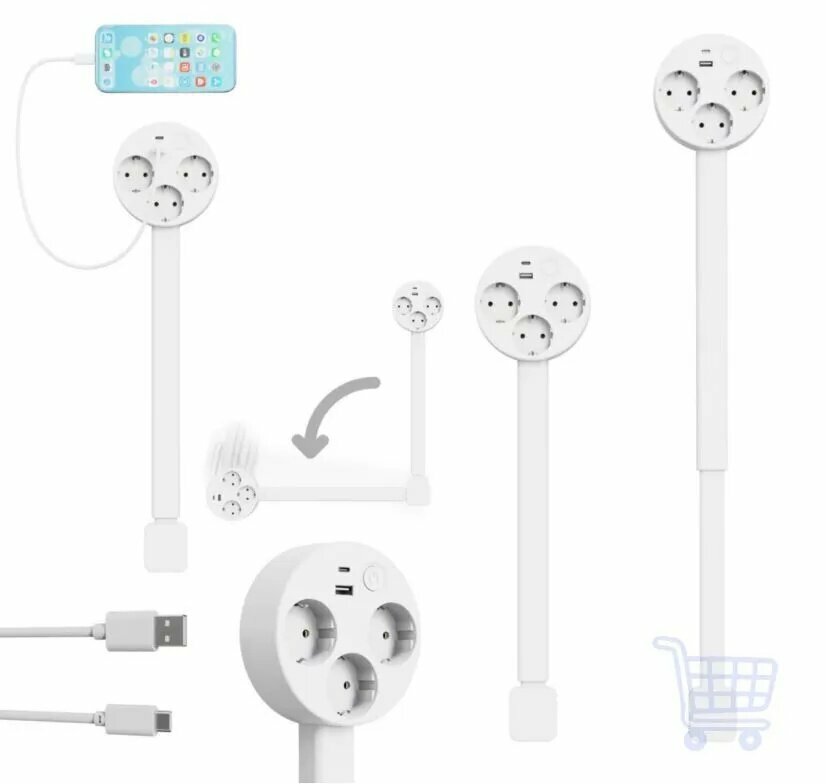 Расширитель розетки с USB-A, USB-C, 47 см 67 см, поворот на 180 градусов. Используется за диваном, тумбочкой, столом и так далее