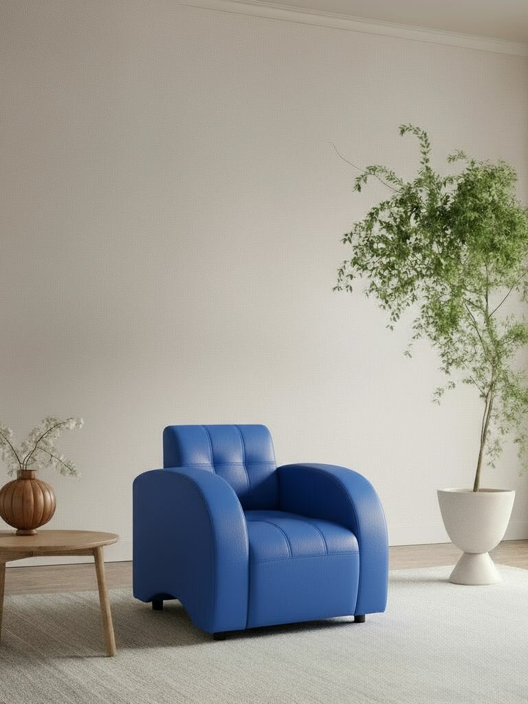 Кресло Вега с подлокотниками синяя кожа в офис, дом, салон красоты, прихожую, гостиную, зону ожидания.