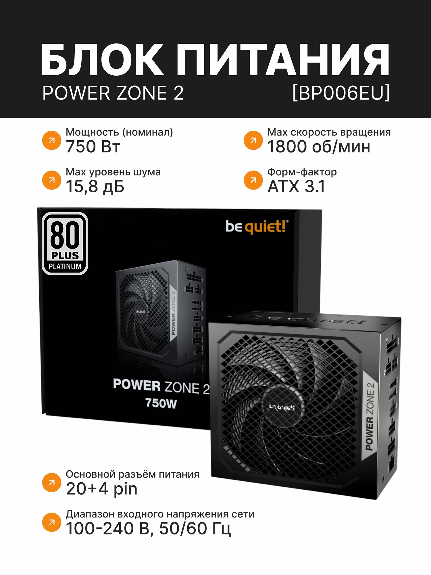 Блок питания be quiet! Power Zone 2, 750W, 80 PLUS Platinum, ATX 3.1 (BP006EU)