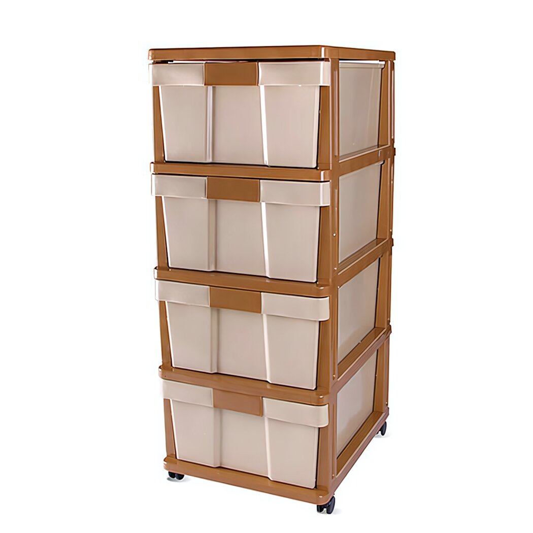 Комод 4‑секционный, бежевый пластик, удобное хранение одежды, компактный дизайн, прочный корпус