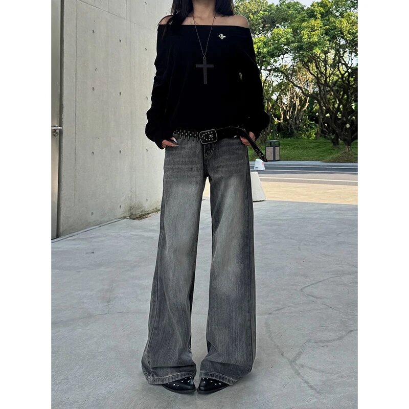 MON Женские джинсы Чистый цвет Серое свободное 2000-х эстетика широкое Харадзуку винтажный осень, Размер_M