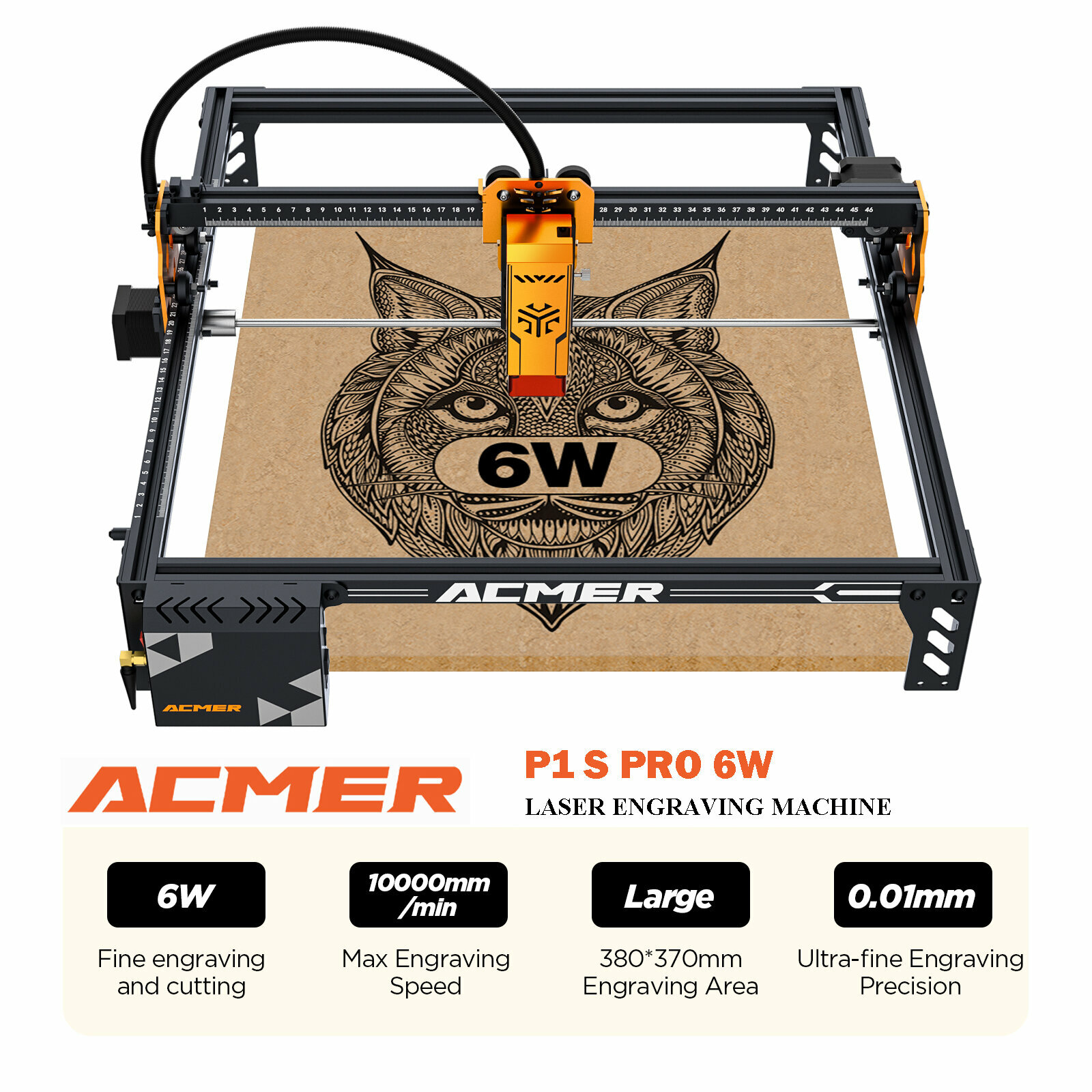 ACMER P1 S Pro 6Вт лазерный гравер，380mm * 370mm，10 000 мм/минут