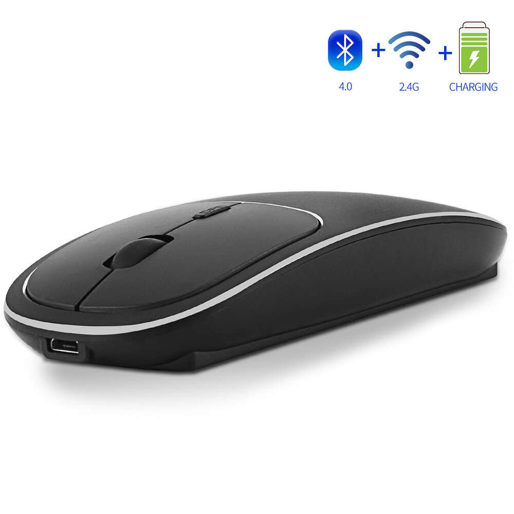 Алюминиевая беспроводная мышь 2.4G/Bluetooth перезаряжаемая тихая для ноутбука и ПК черная - премиум