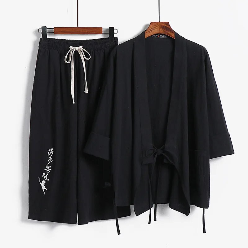 Мужское кимоно-кардиган CEARPION из хлопка и льна Черный, 4XL, Black