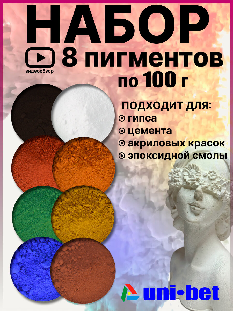Пигмент для гипса набор 8 цветов х 100г. Универсальный сухой краситель для бетона, гипса, краски, смолы.