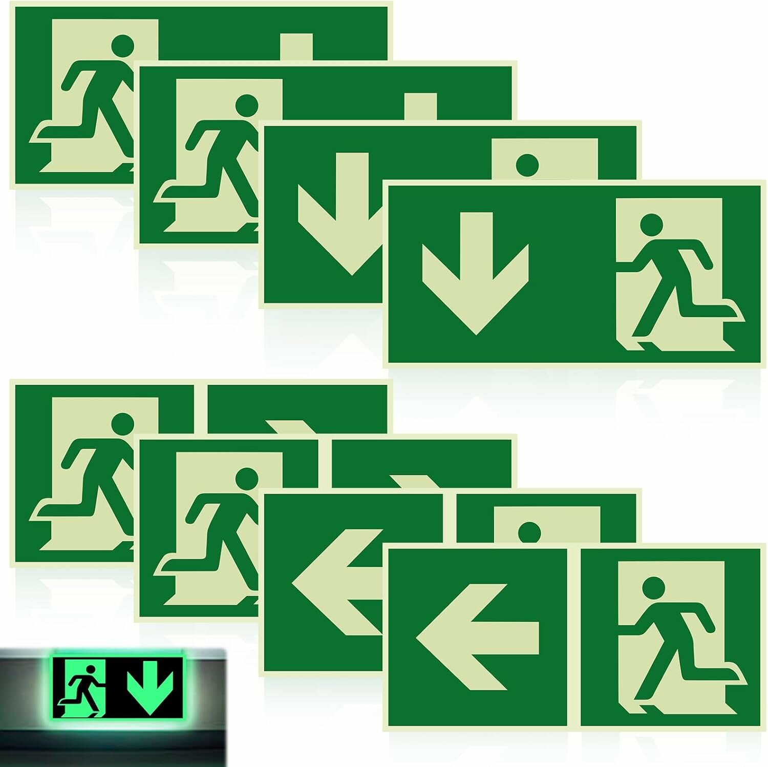 8 знаков аварийного выхода, самоклеящиеся светящиеся знаки аварийного выхода, ПВХ знаки выхода со стрелками