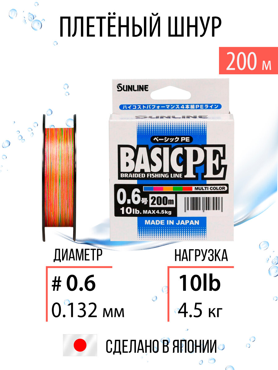 Шнур для рыбалки плетеный BASIC PE HG #0.6/10lb 200m Multi Color, плетёнка рыболовная, леска для спиннинга.