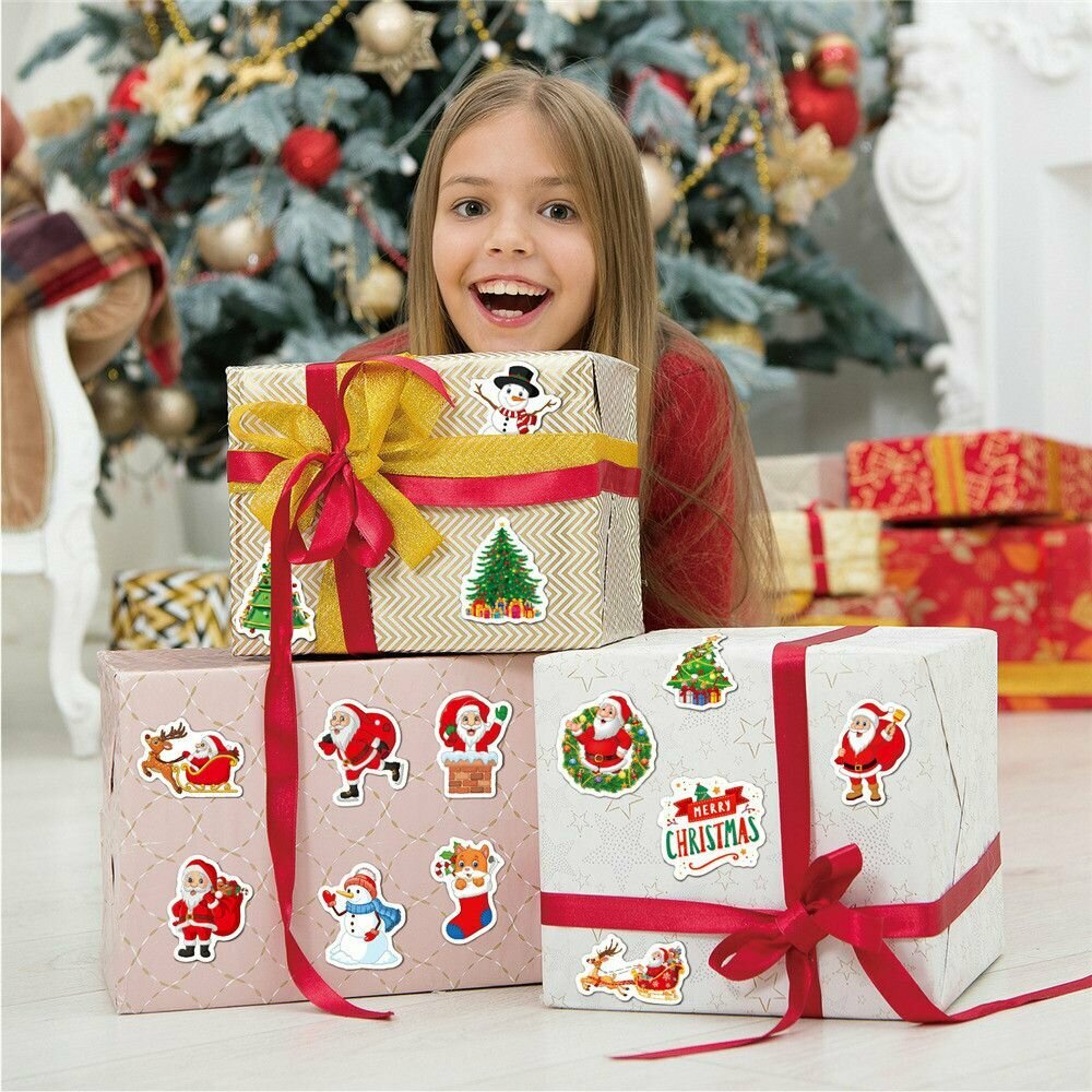 Наклейки Новый год, Рождество, Дед Мороз, Снеговик, New Year водостойкие 100шт(4-8см), Kit1