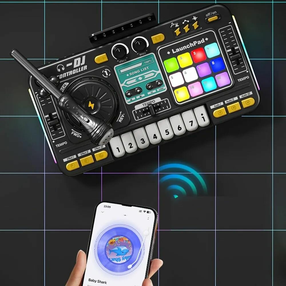DJ-контроллер для детей, пластик, черный, реалистичный дизайн, 12 звуковых эффектов — фото 1