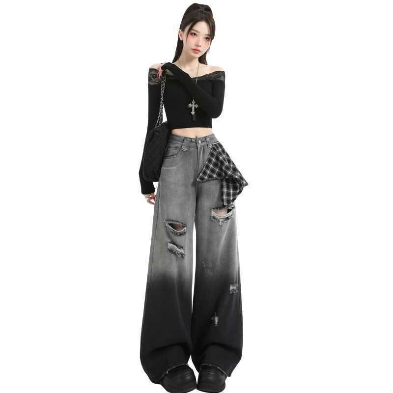 Женские джинсы LI Mall Градиентные синие рваные — новинки модные драпировочные высокоходные свободные штаны, Размер_