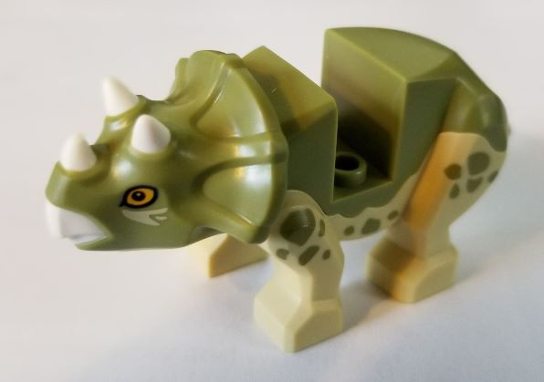 Dinosaur Triceratops Baby with Fixed Olive Green Top with Molded White Horns and Beak and Printed Bright Light Orange Eyes and Olive Green Spots Pattern, bb1151c01pb01 Tan U