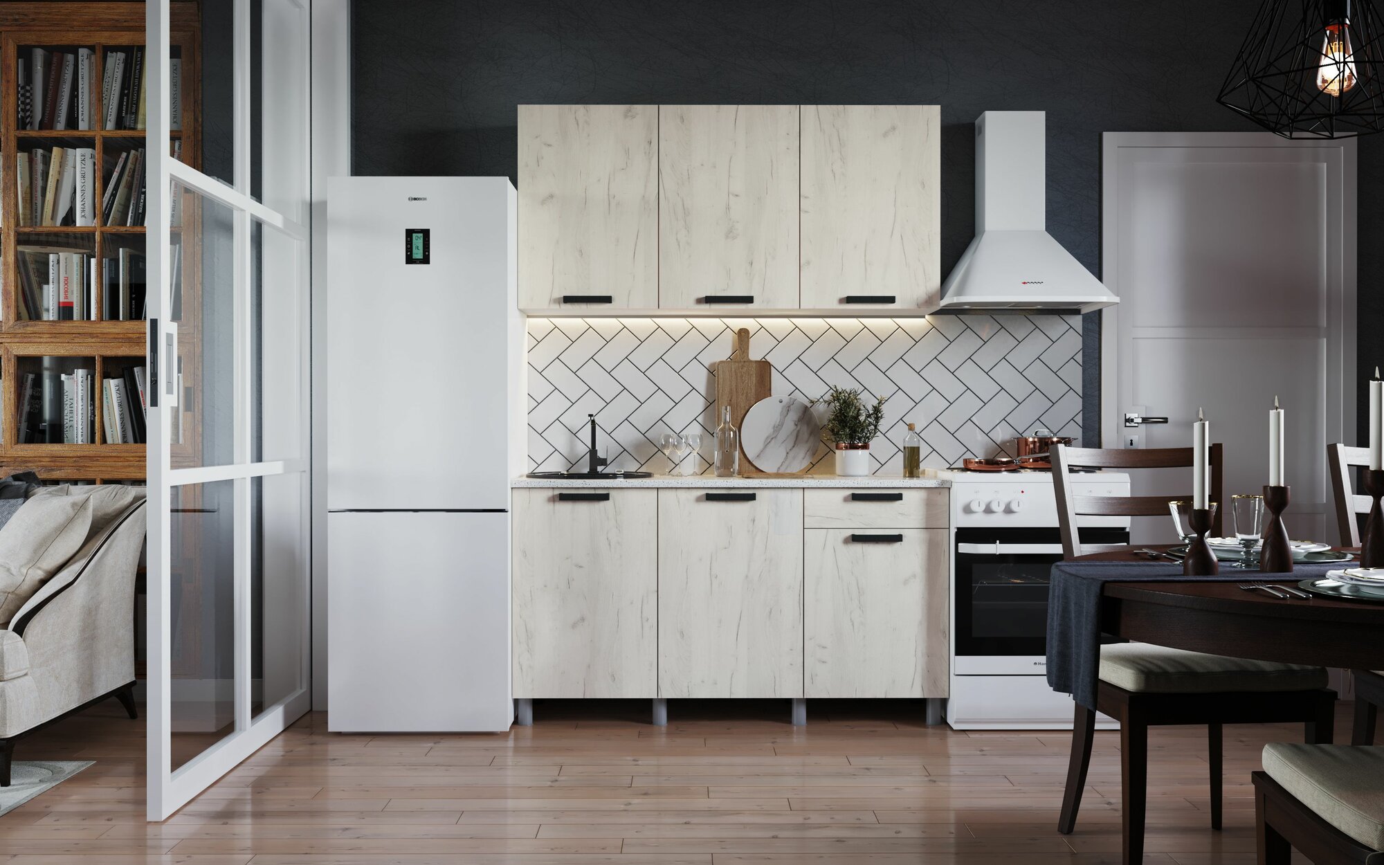 Кухонный гарнитур Диор (Корпус: 1,5 м белый + Фасад: "Диор" 1,5 м Дуб Крафт Белый) (Микон)