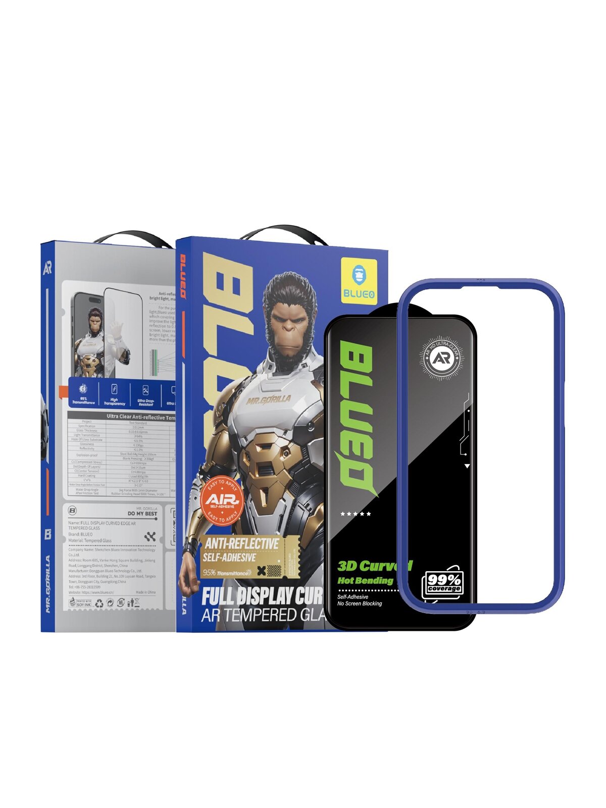 BlueO стекло для iPhone 17 Pro Max/16 Pro Max, 3D AR Curved Hot Bending Self-Adhensive Black (+installer)