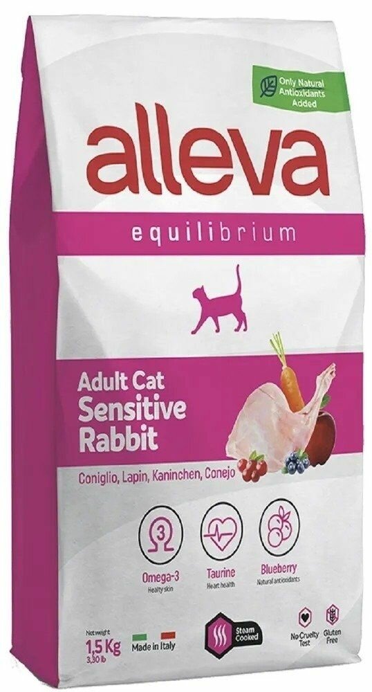 Alleva Equilibrium Sensitive - Сухой корм для взрослых кошек, при чувствительном пищеварении, кролик с рисом (1.5 кг)